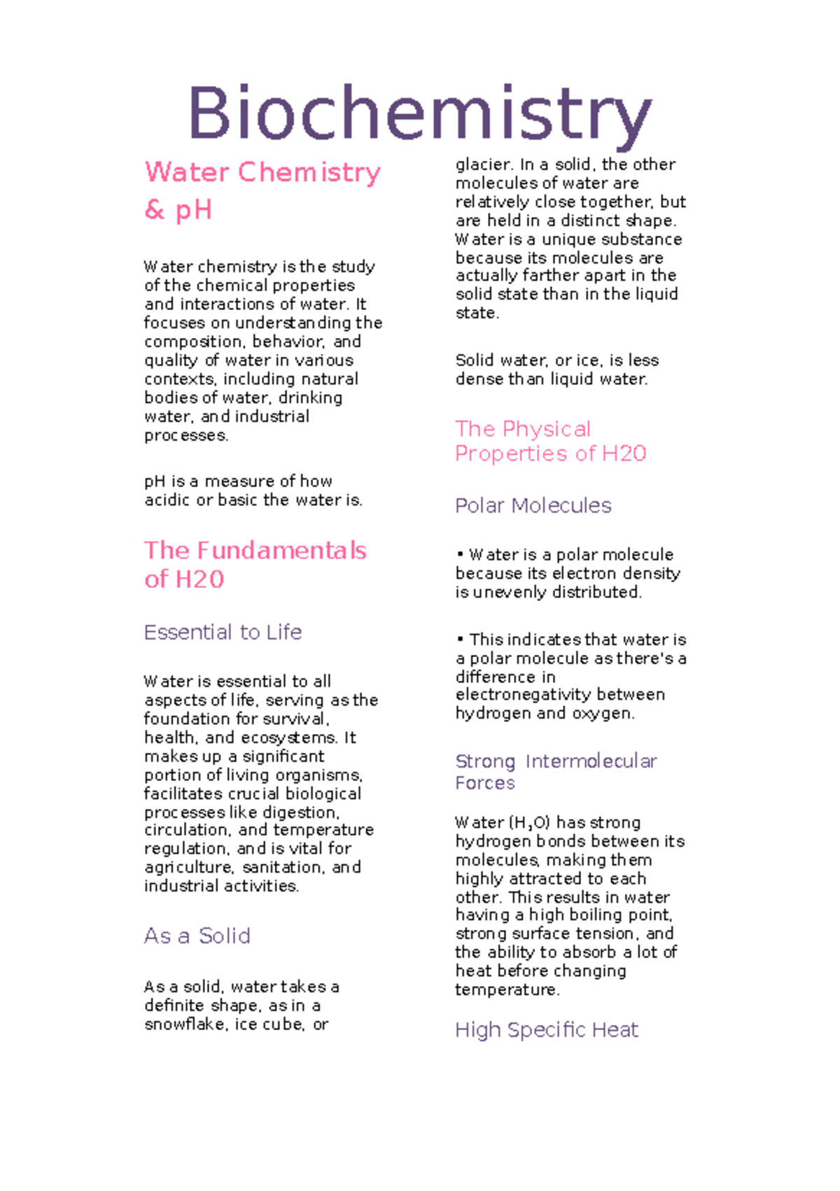 Biochem - Water Chemistry & pH Water chemistry is the study of the ...