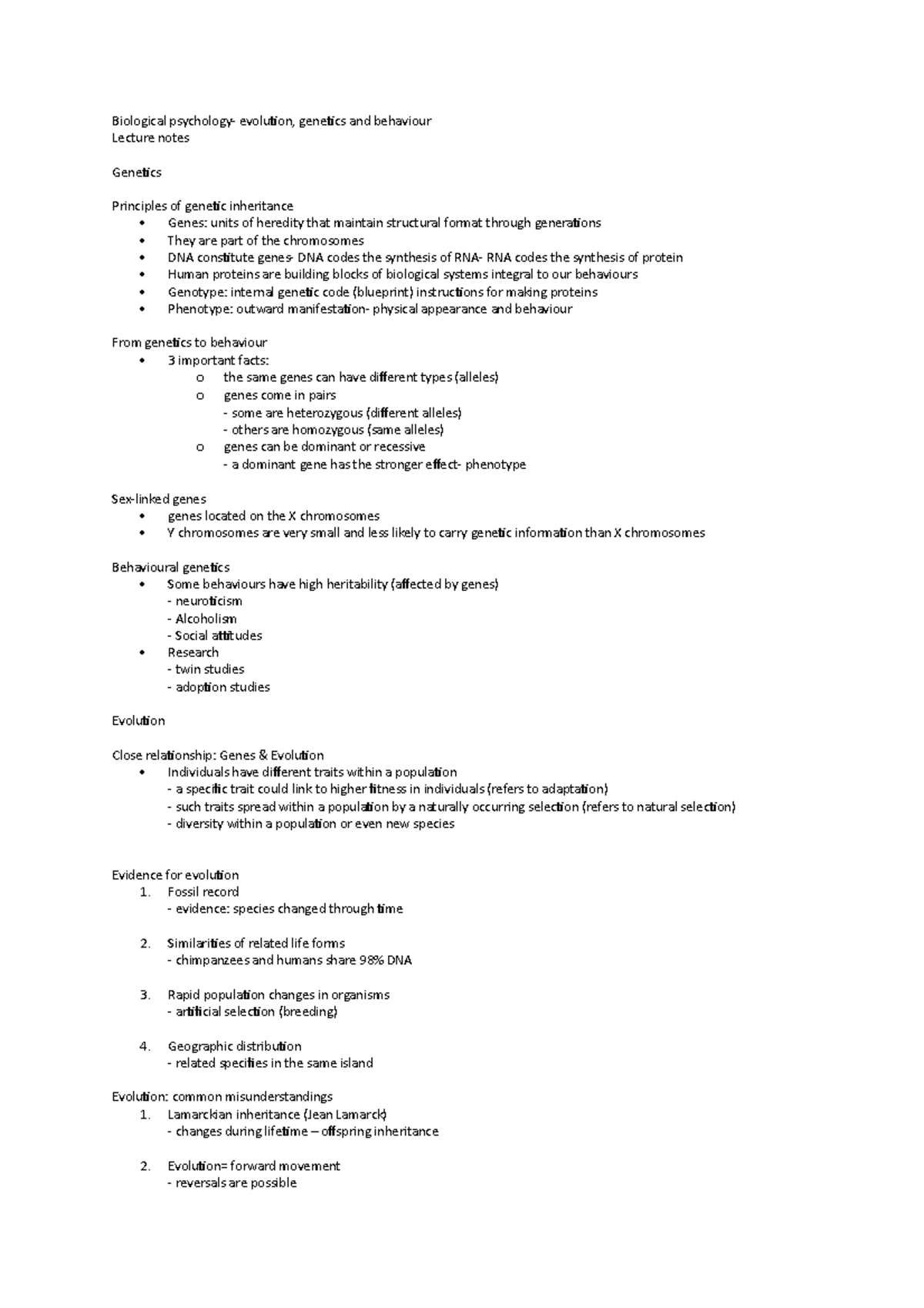 Biological psychology- evolution, genetics and behaviour lecture notes ...