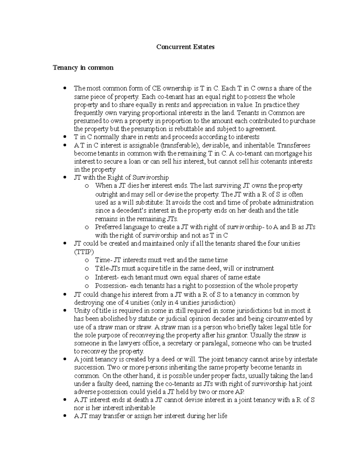 Property I Concurrent Estates Notes - Concurrent Estates Tenancy in ...
