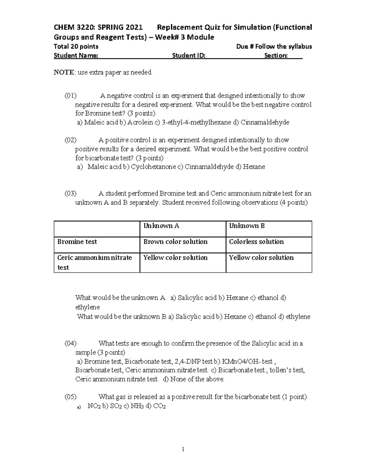 Spring 2021 CHEM 3220 Replacement Quiz Week #3 Module - CHEM 3220 ...