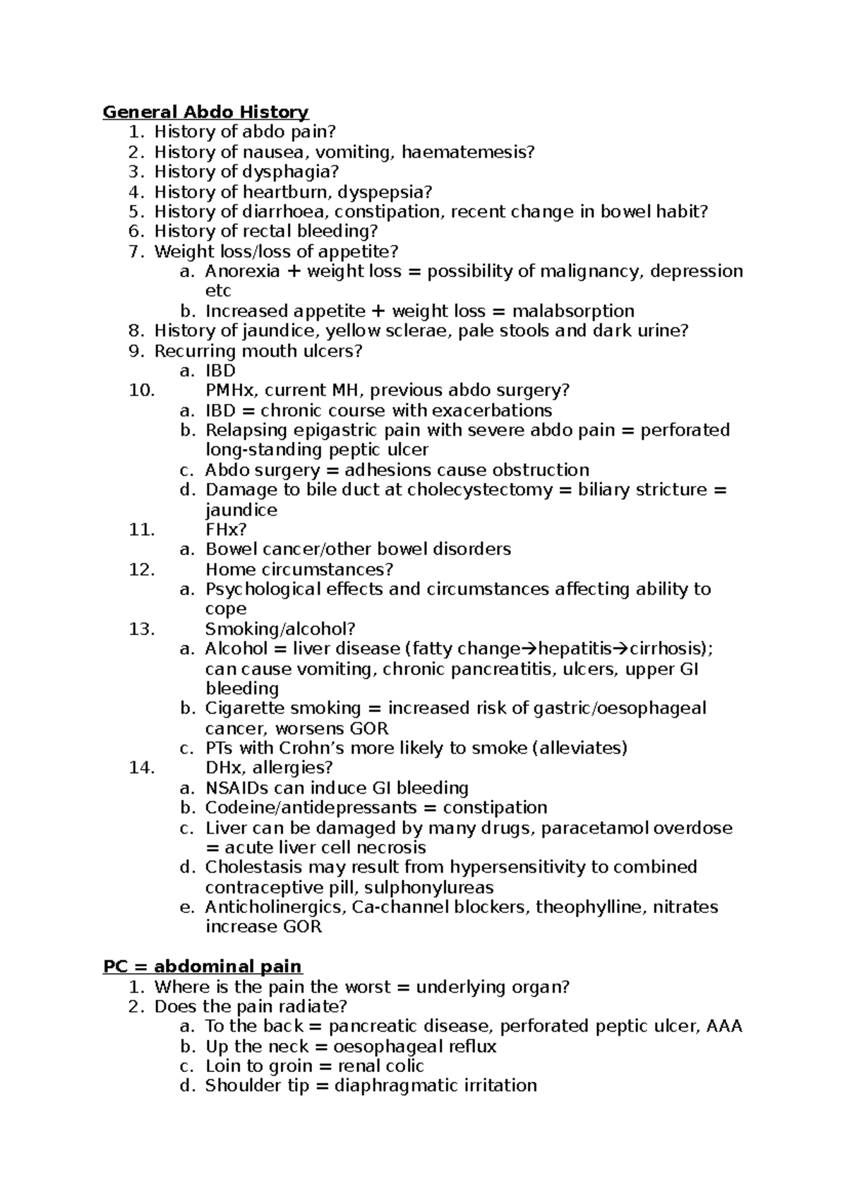 Abdominal OSCE Notes - General Abdo History 1. History of abdo pain? 2 ...