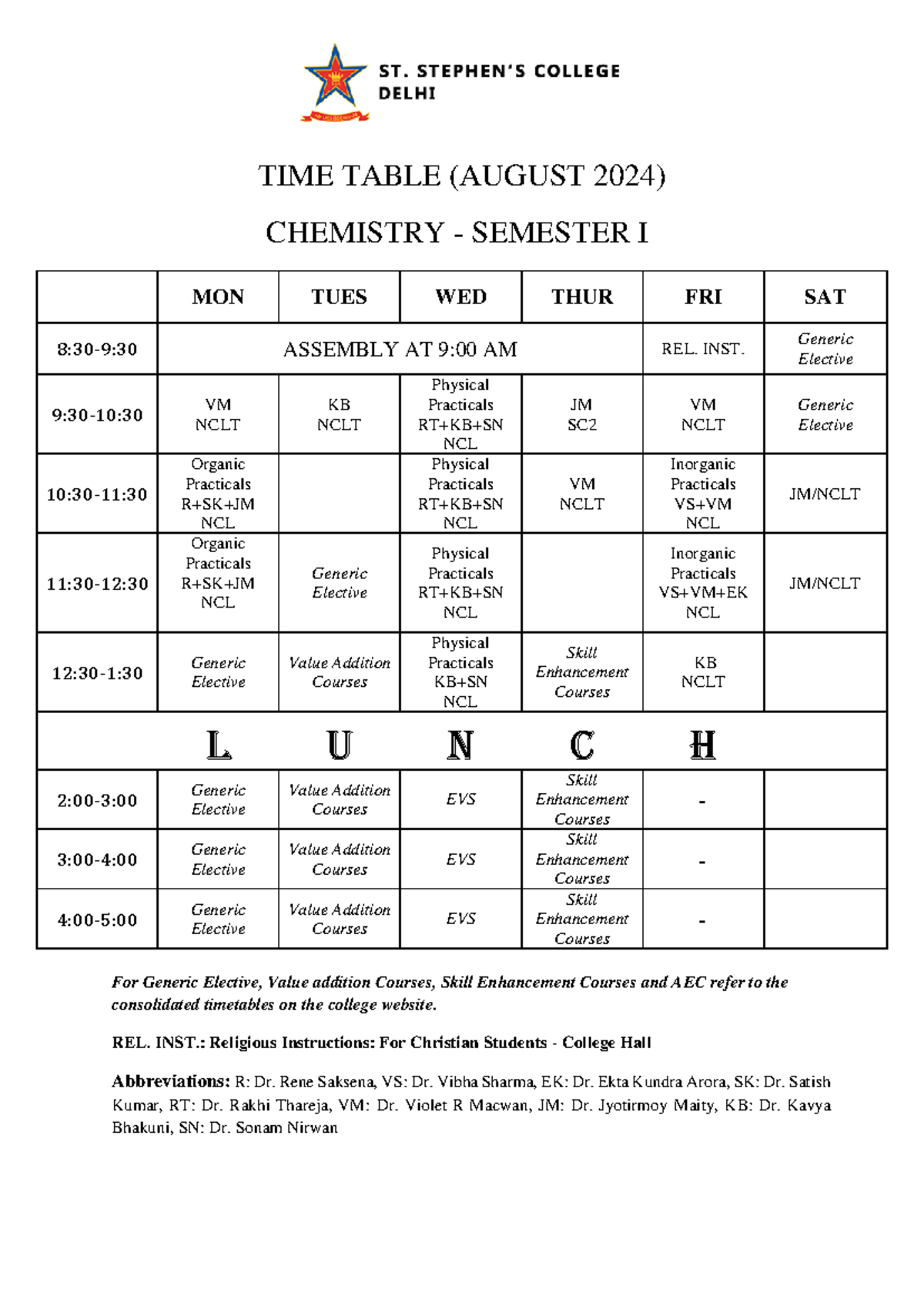 1CHE 1a - This is the timetable of the course - TIME TABLE (AUGUST 2024 ...