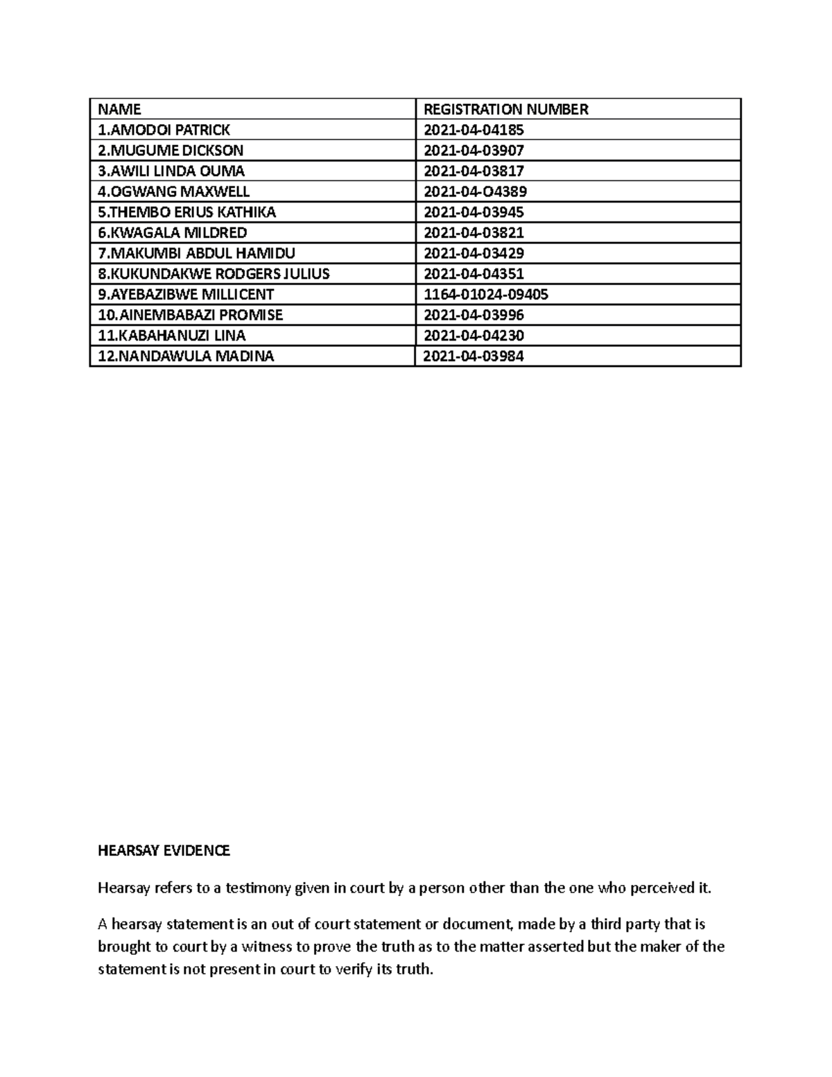 Hearsay final draft - By Frank - NAME REGISTRATION NUMBER 1 PATRICK ...