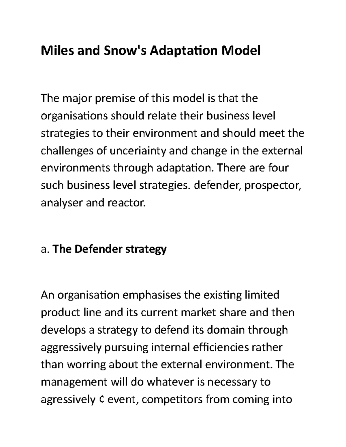 Miles and Snow's Adaptation Model - There are four such business level ...