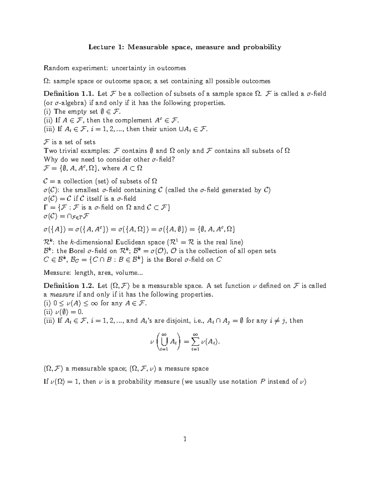 N709-1 - Estimation Techniques - Lecture 1: Measurable space, measure and probability Random ...