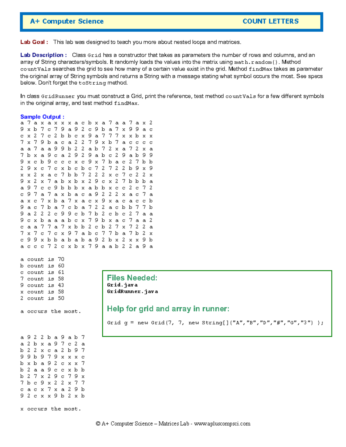 Matrix Assignment © A Computer Science Matrices Lab Apluscompsci