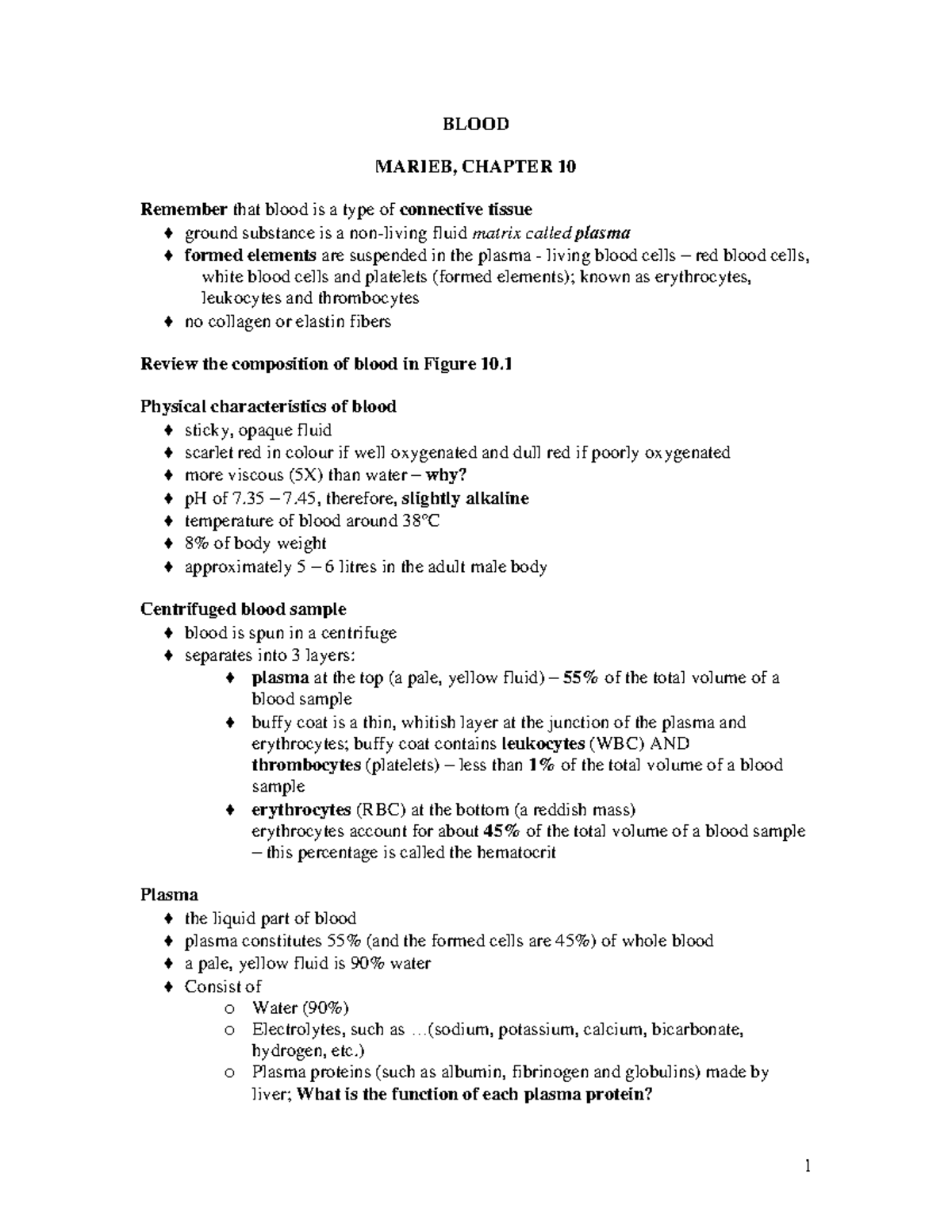 ANAT113 Blood Weeks 7 and 8 - BLOOD MARIEB, CHAPTER 10 Remember that ...