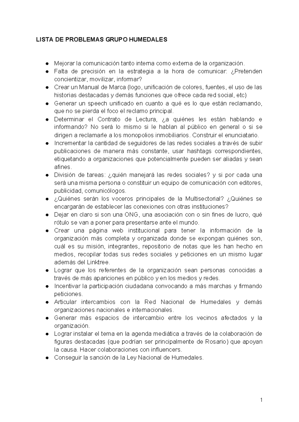 Lista de Problemas - LISTA DE PROBLEMAS GRUPO HUMEDALES Mejorar la comunicación tanto interna ...