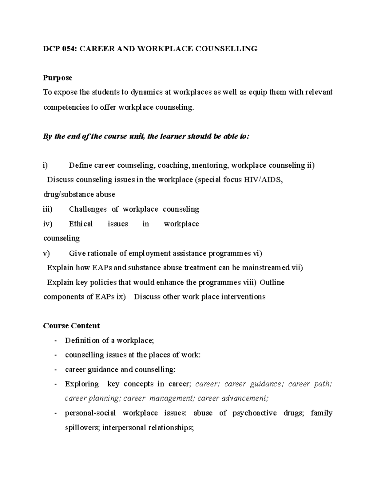 Career Counselling Notes - DCP 054: CAREER AND WORKPLACE COUNSELLING ...