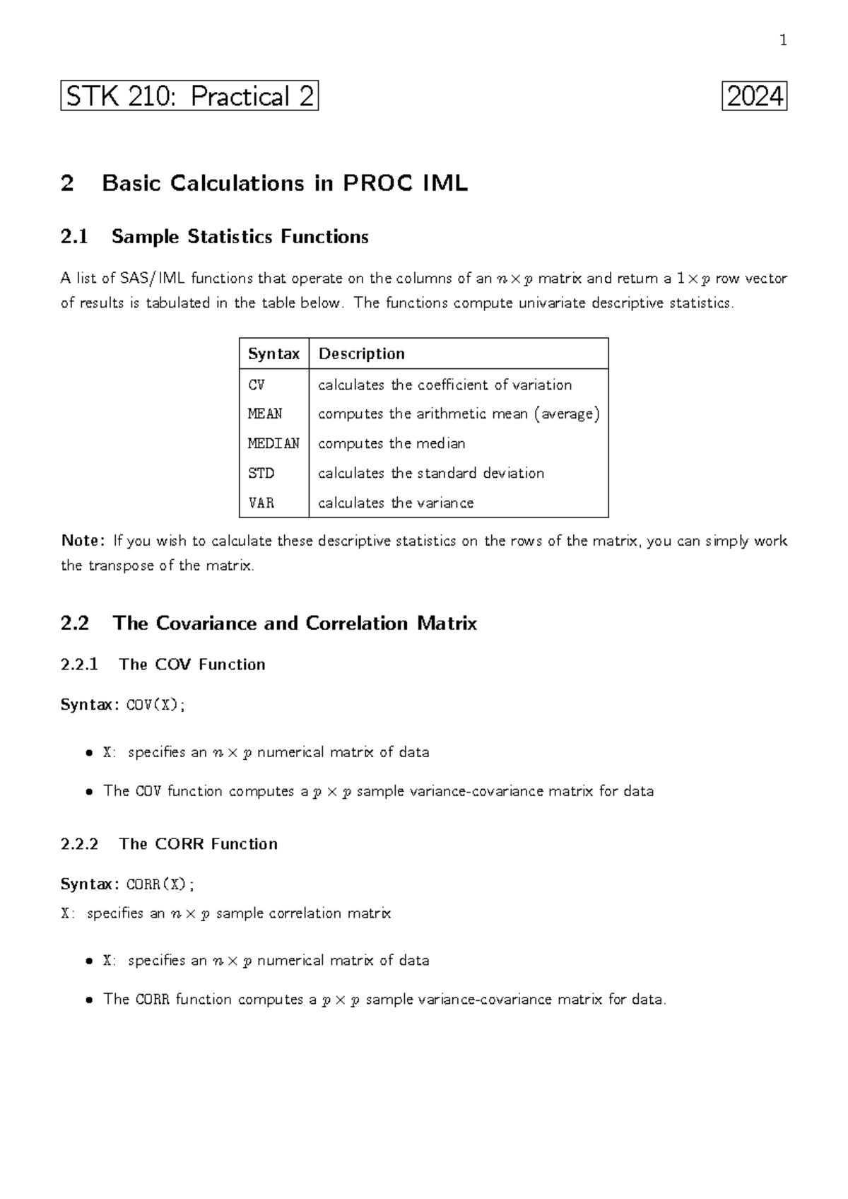 Practical 2 - 2024 - STK 210: Practical 2 2024 2 Basic Calculations in ...