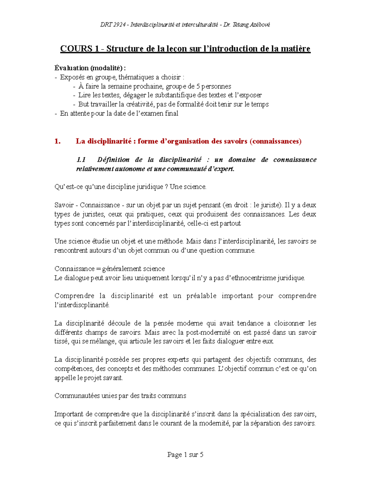 DRT 2924 - Cours 1 - COURS 1 - Structure de la leçon sur l’introduction ...