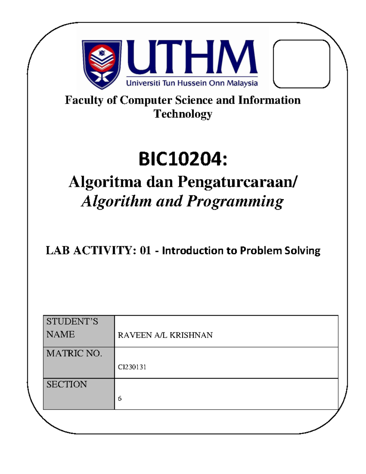 CI230131 Labaktiviti 01 - Faculty of Computer Science and Information Technology BIC10204 ...