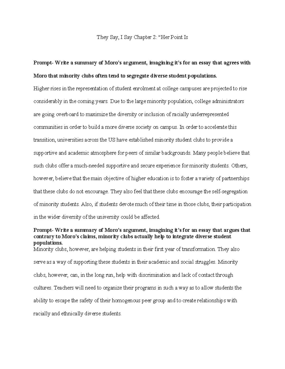 TSIS Chapter 2 - They Say, I Say Chapter 2: “Her Point Is Prompt- Write ...