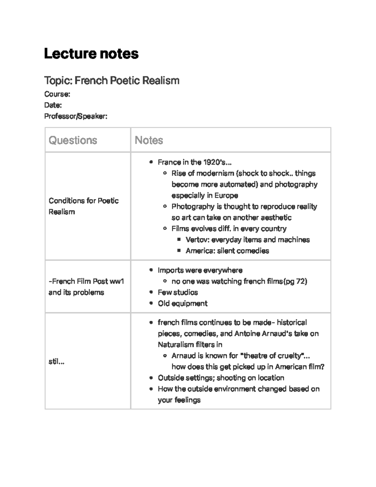 French Poetic Realism - Le c t u re n o te s Topic: French Poetic ...