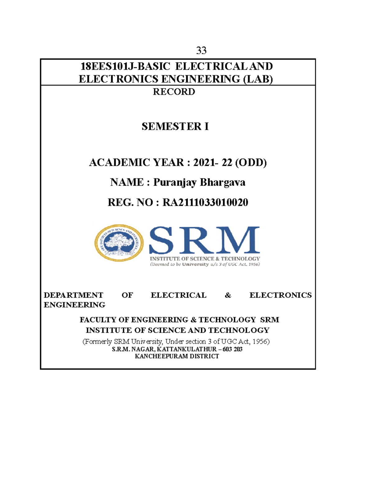 RA2111033010020 Puranjay - 33 18EES101J-BASIC ELECTRICAL AND ELECTRONICS ENGINEERING (LAB ...