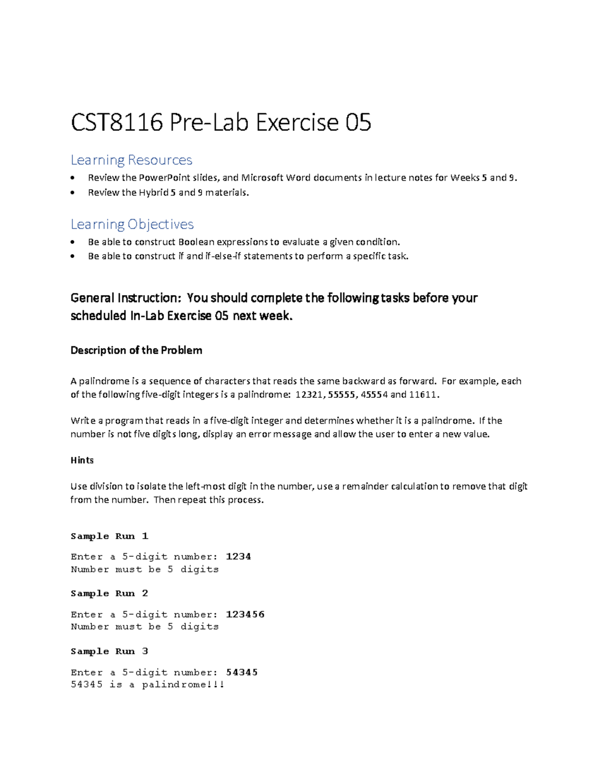Pre-Lab Exercise 05 - Review the Hybrid 5 and 9 materials. Learning ...