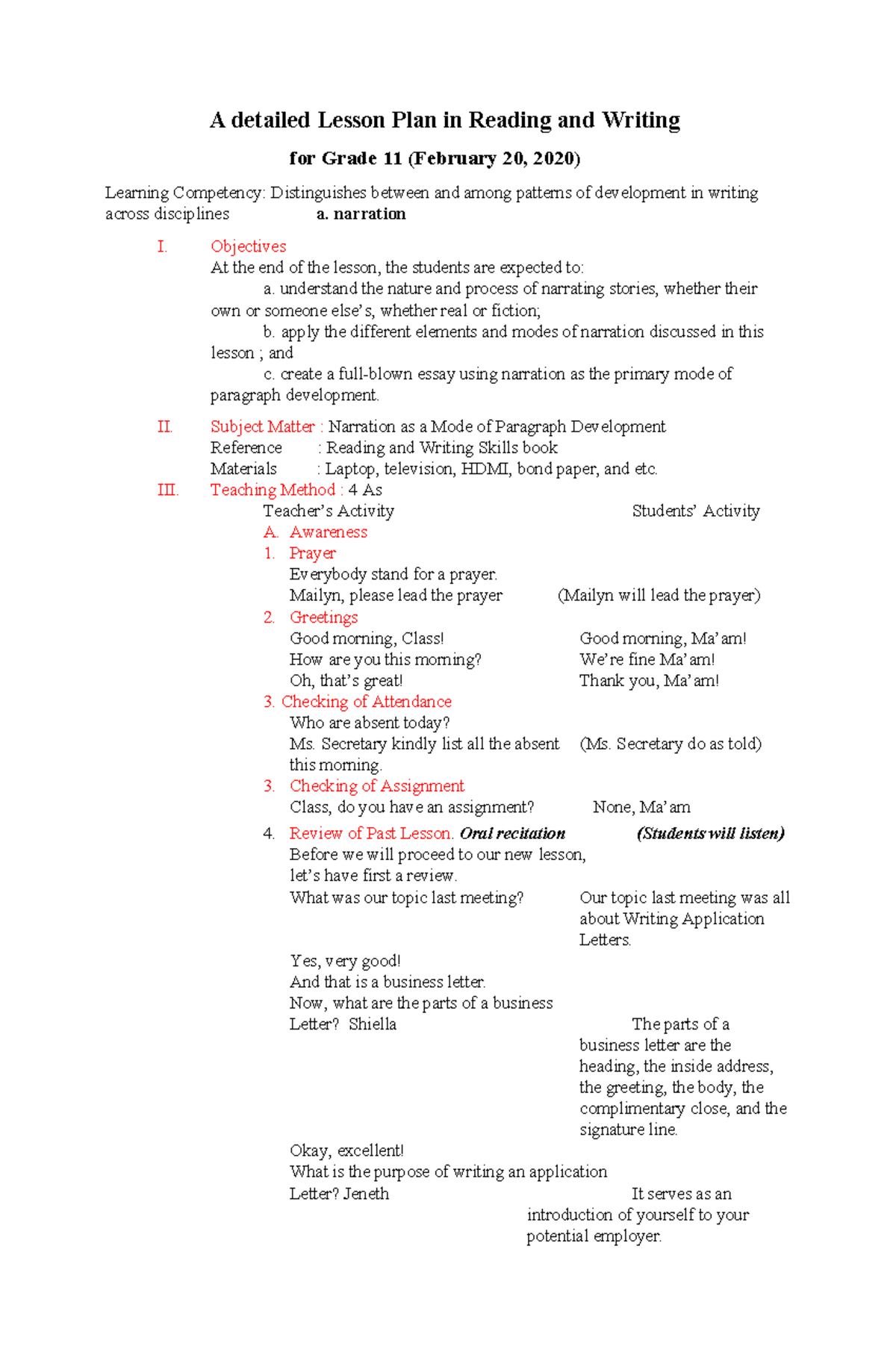 A detailed Lesson Plan in Reading and Writing Narration Final 123 - A ...