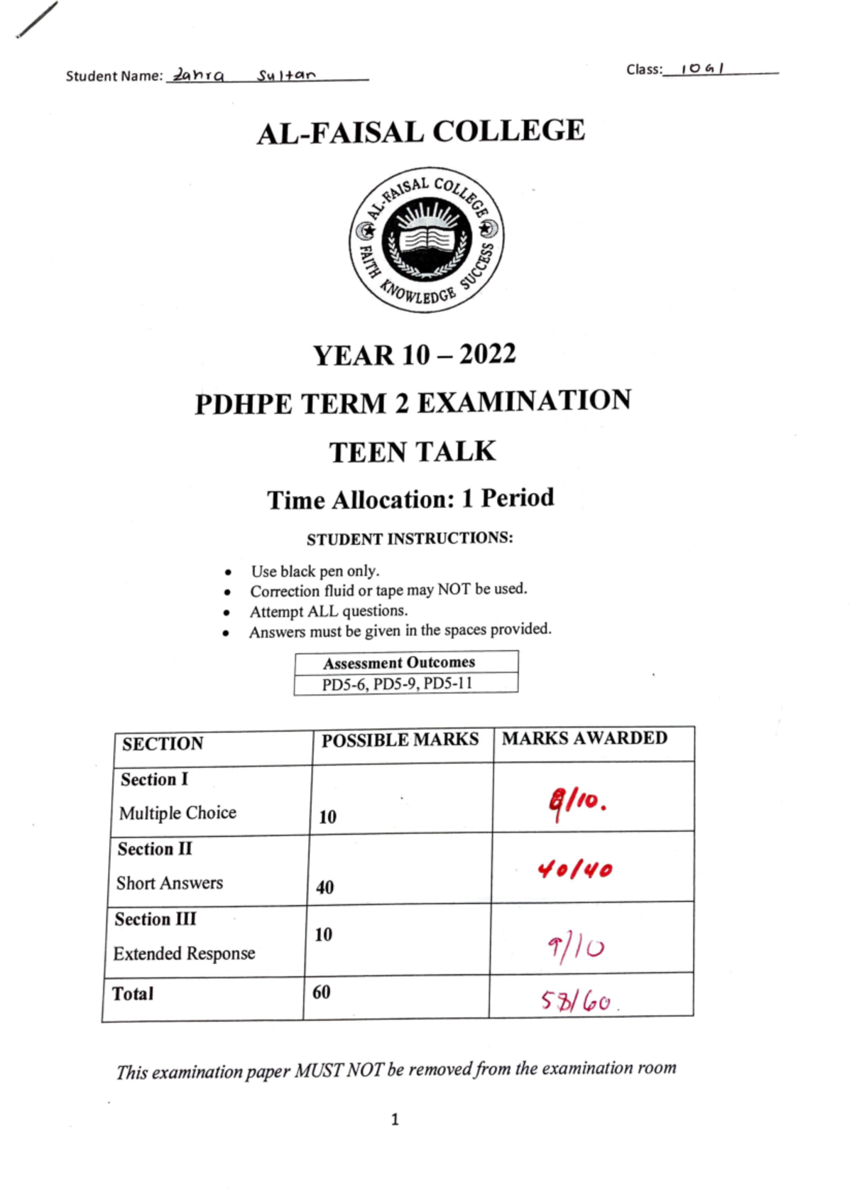 Semester 1 yr 10 pdh exam - / StudentName: Jclnrq S'-ll+oir- Class: I O ...