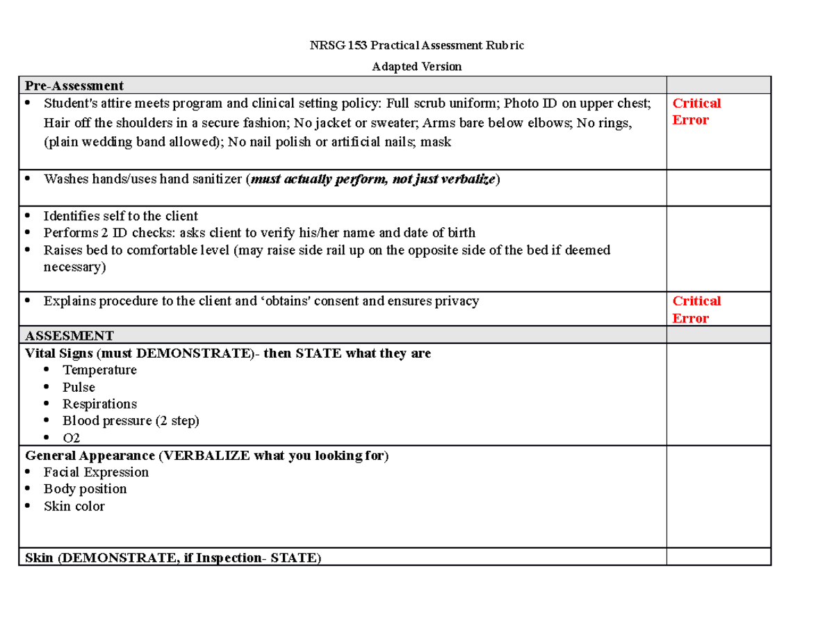 Rubric- 153 Practical Assesment ( Student)- 10 minutes - Adapted ...
