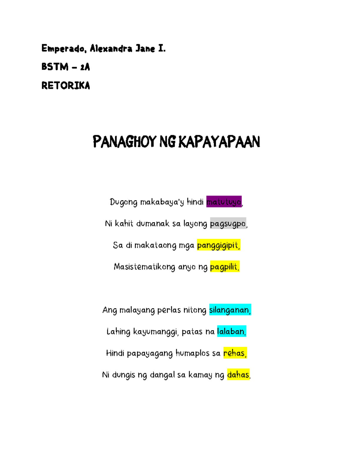 Assignment Retorika - Emperado - PANAGHOY NG KAPAYAPAAN Dugong makabaya ...