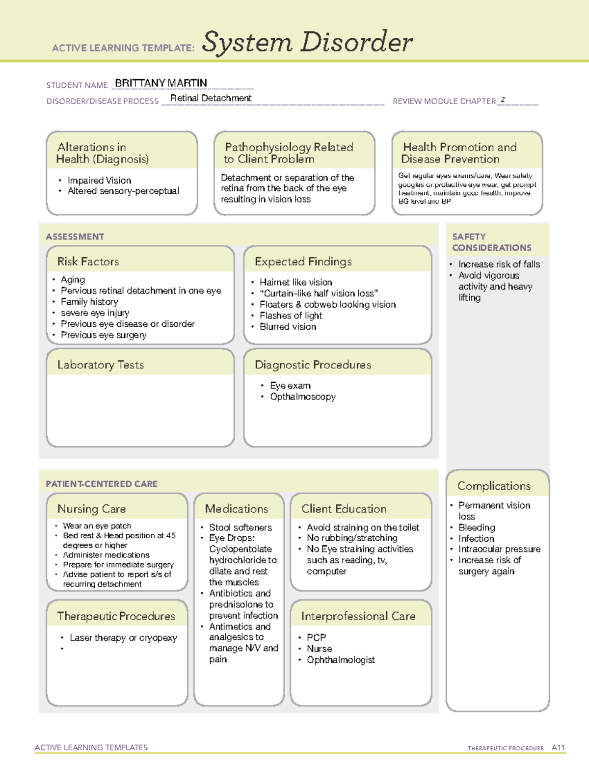 System disorder ATI templet Retinal Detachment - ACTIVE LEARNING ...