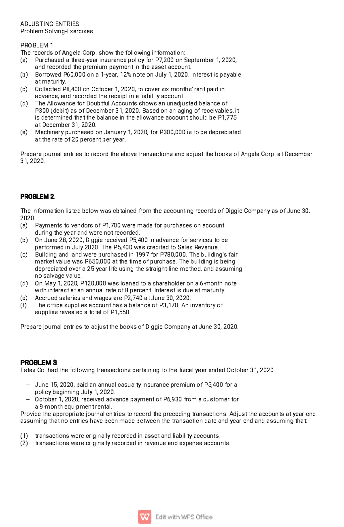 Adjusting Entries Problems - ADJUSTING ENTRIES Problem Solving ...