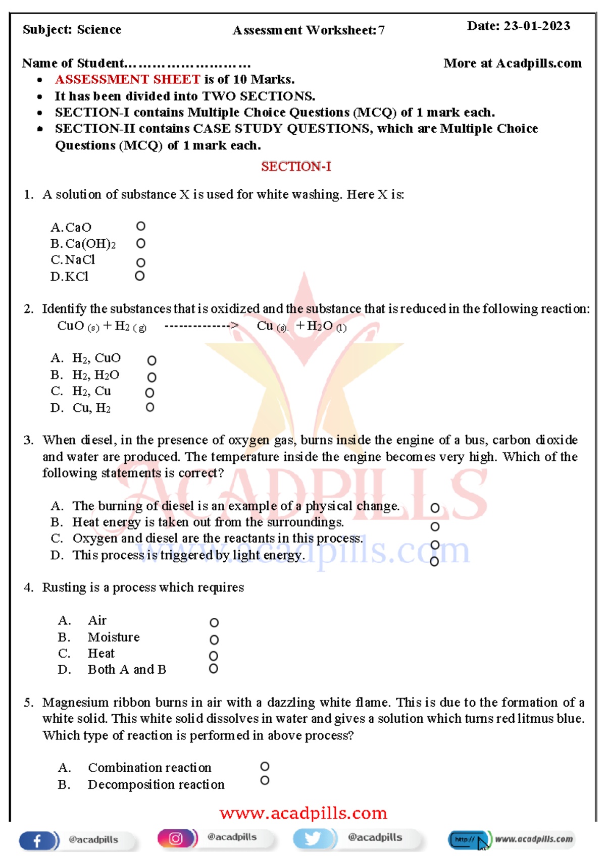 Science Assessment Worksheet 7 - Subject: Science Assessment Worksheet ...