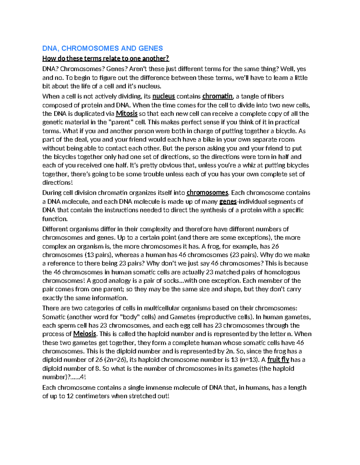 Reading notes (DNA, Chromosomes and Genes) - DNA, CHROMOSOMES AND GENES ...