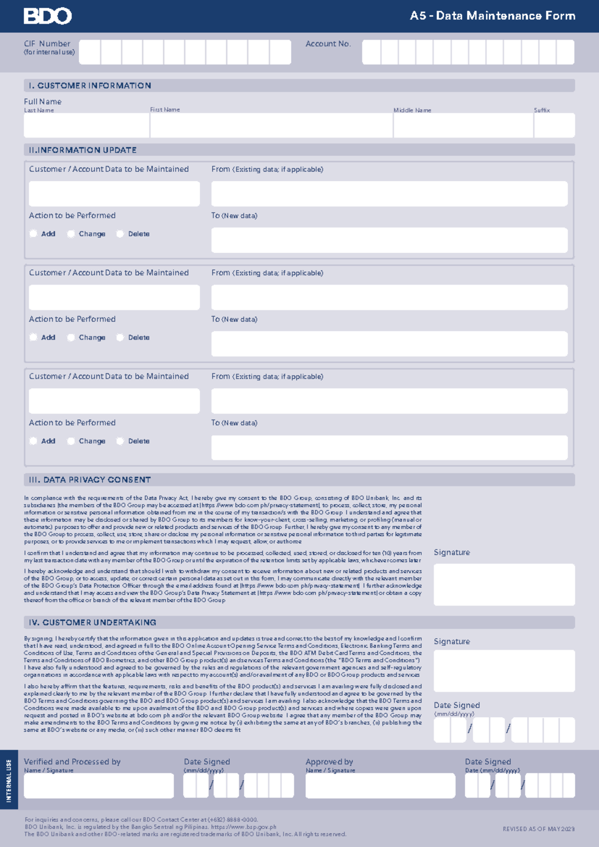 A5-Data-Maintenance-Form 0 - For inquiries and concerns, please call our BDO Contact Center at ...