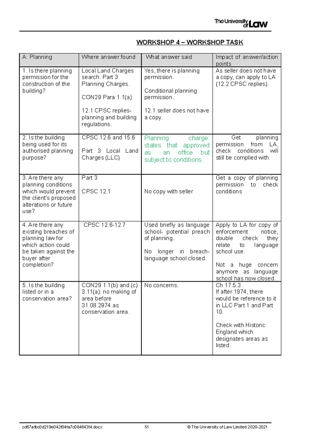 Workshop 4 - Task - Table - WORKSHOP 4 – WORKSHOP TASK A: Planning Where answer found What ...