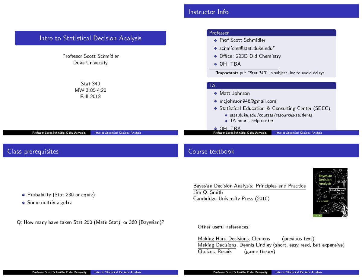 Lecture slides, lecture 1-10 - Intro to Statistical Decision Analysis ...