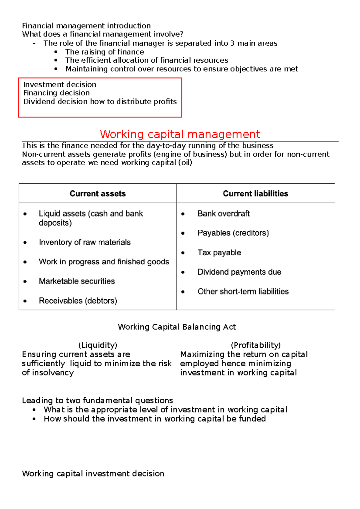 1. Introduction AND Working Capital Management - Financial management ...