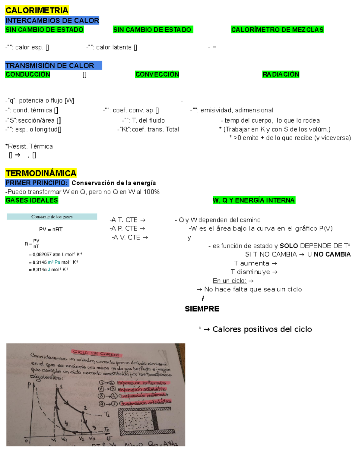 Hoja de fórmulas Física II - CALORIMETRIA INTERCAMBIOS DE CALOR SIN ...