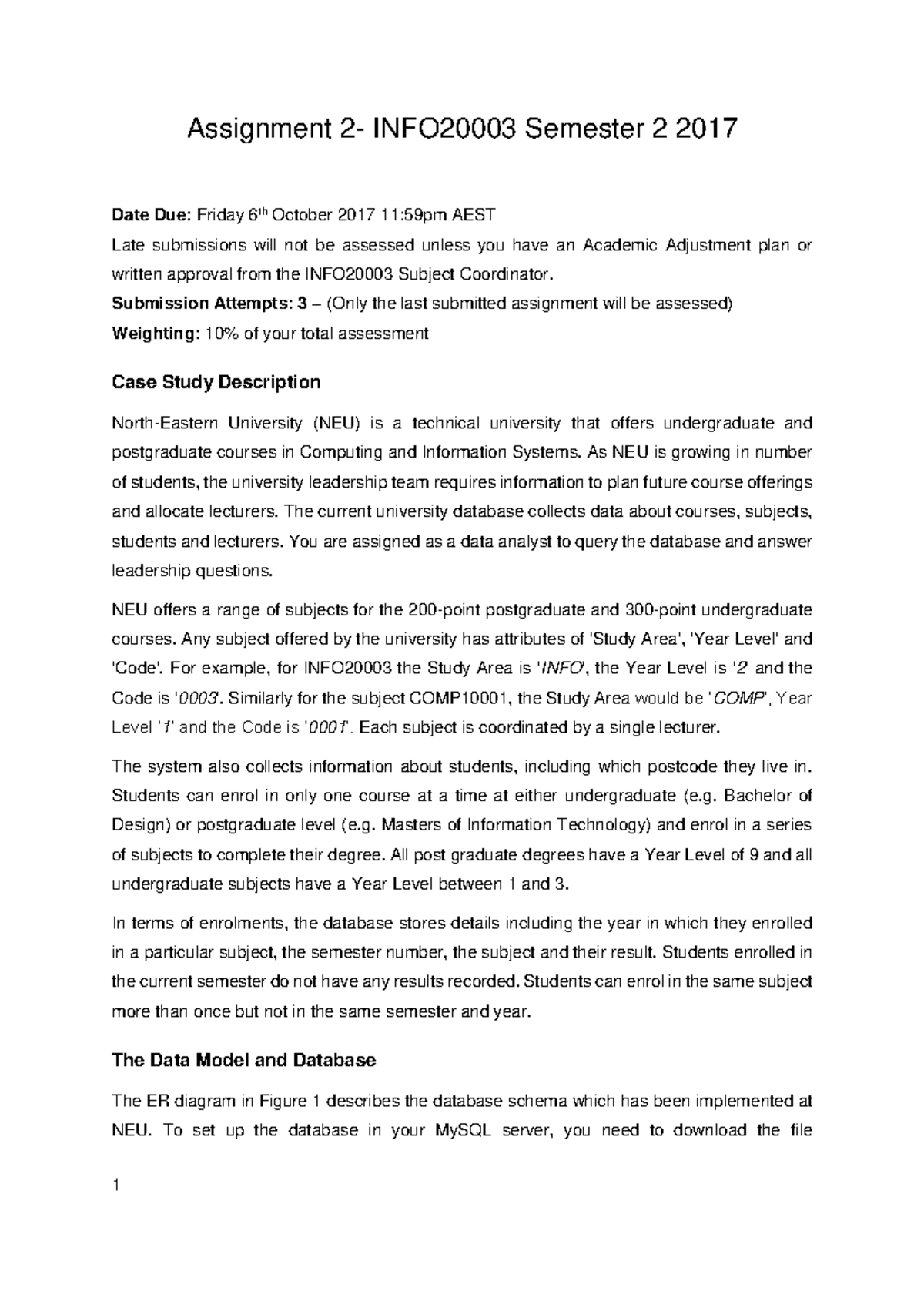 INFO2000 3 2017 S2 A02 - Query - Assignment 2- INFO20003 Semester 2 2017 Date Due: Friday 6th ...