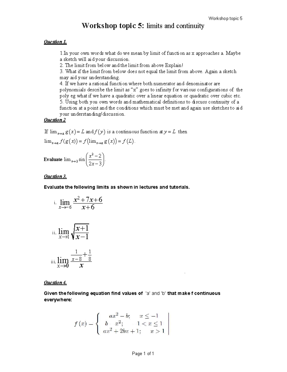 Foundations of Calculus Topic 5 continuity and limits - Workshop topic ...