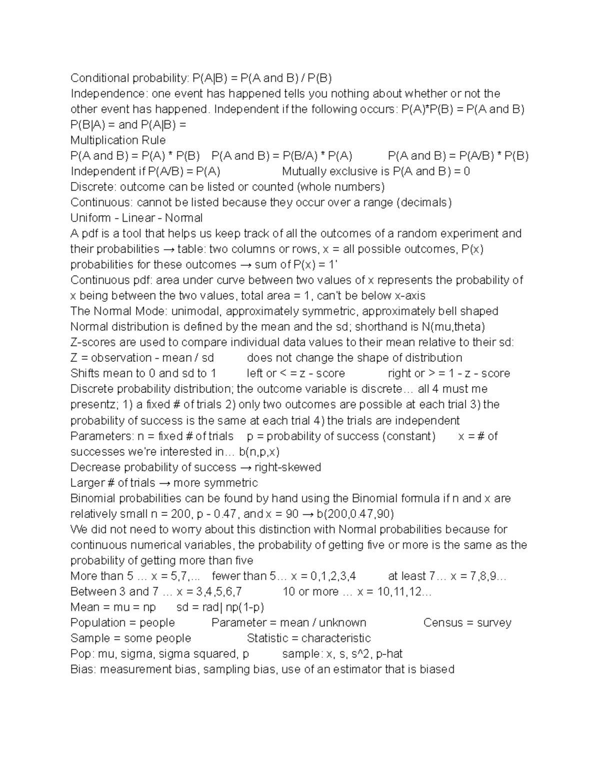 Stats Final Notes - Conditional probability: P(A|B) = P(A and B) / P(B ...