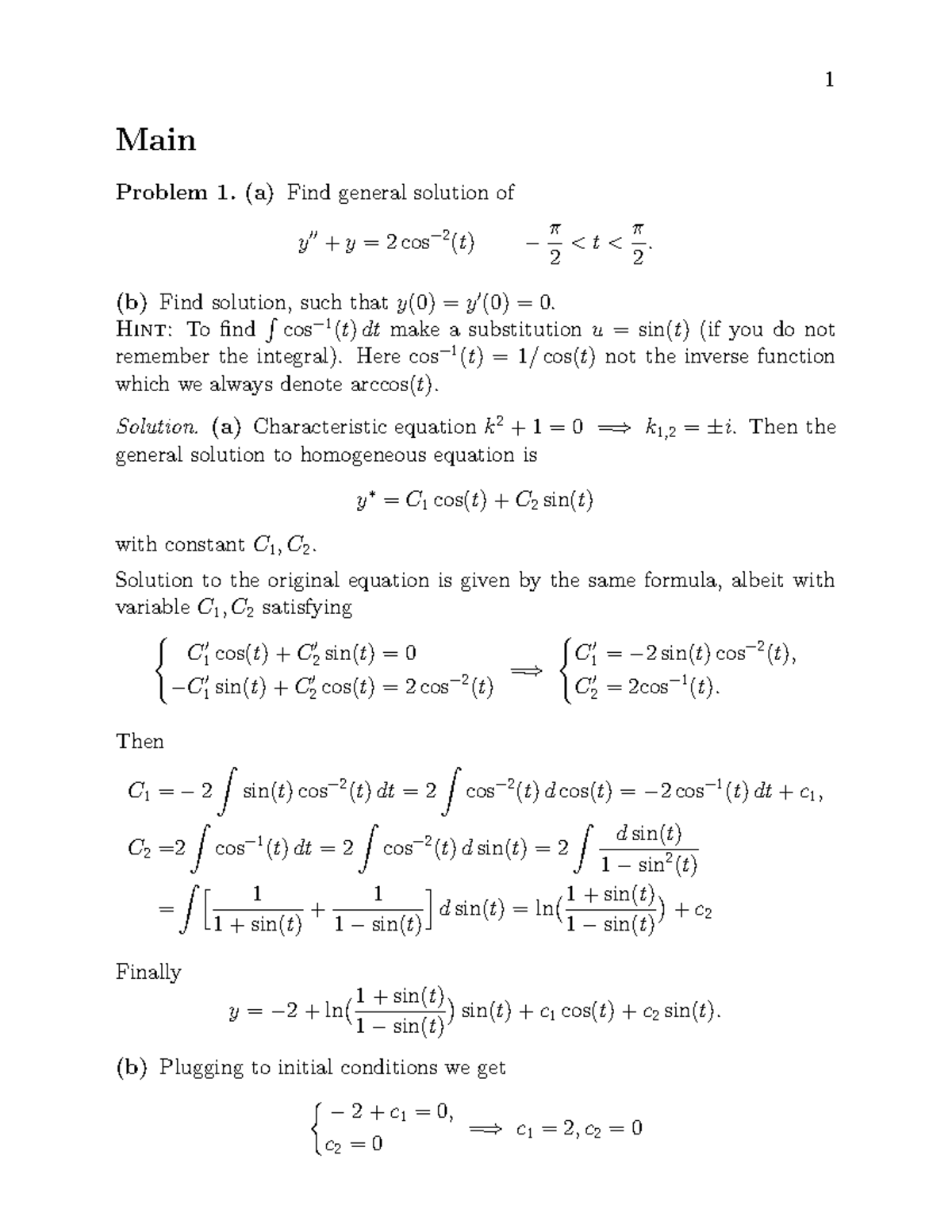 mat244 past exam - Main Problem 1. (a) Find general solution of y′′+y ...