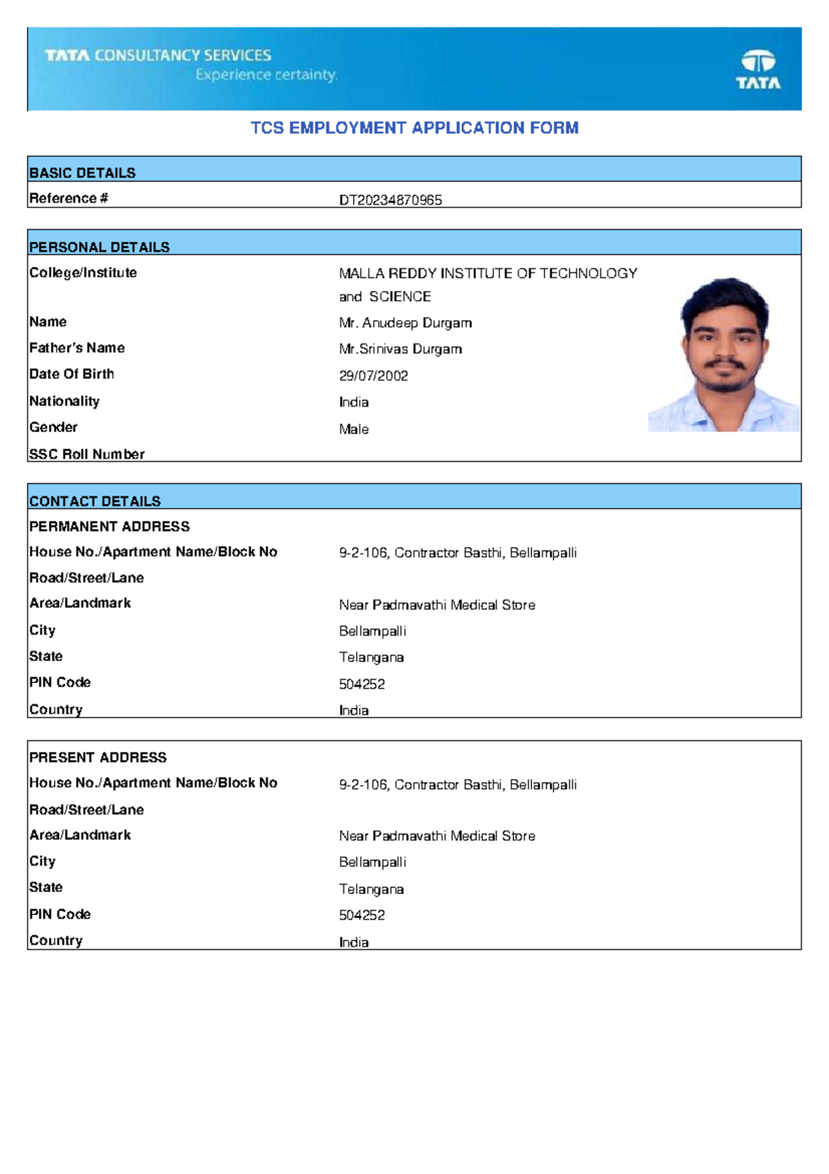 DT20234870965 Application - TCS EMPLOYMENT APPLICATION FORM BASIC ...