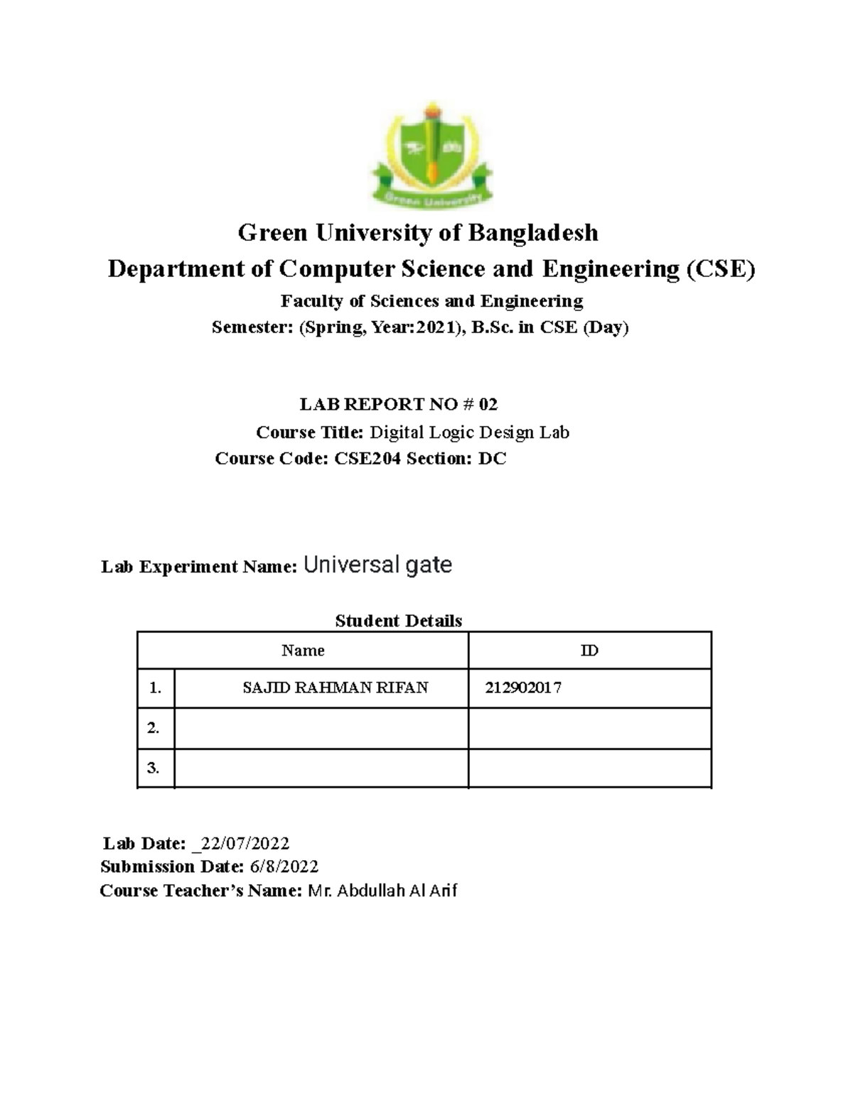 Template - Don't copy it - Green University of Bangladesh Department of ...