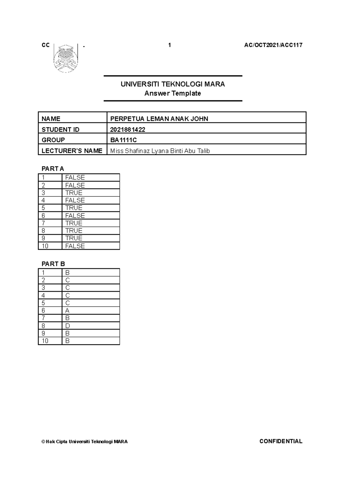 Template Answer Script For Test 1 ACC117 - CONFIDENTIAL 1 AC/OCT2021 ...