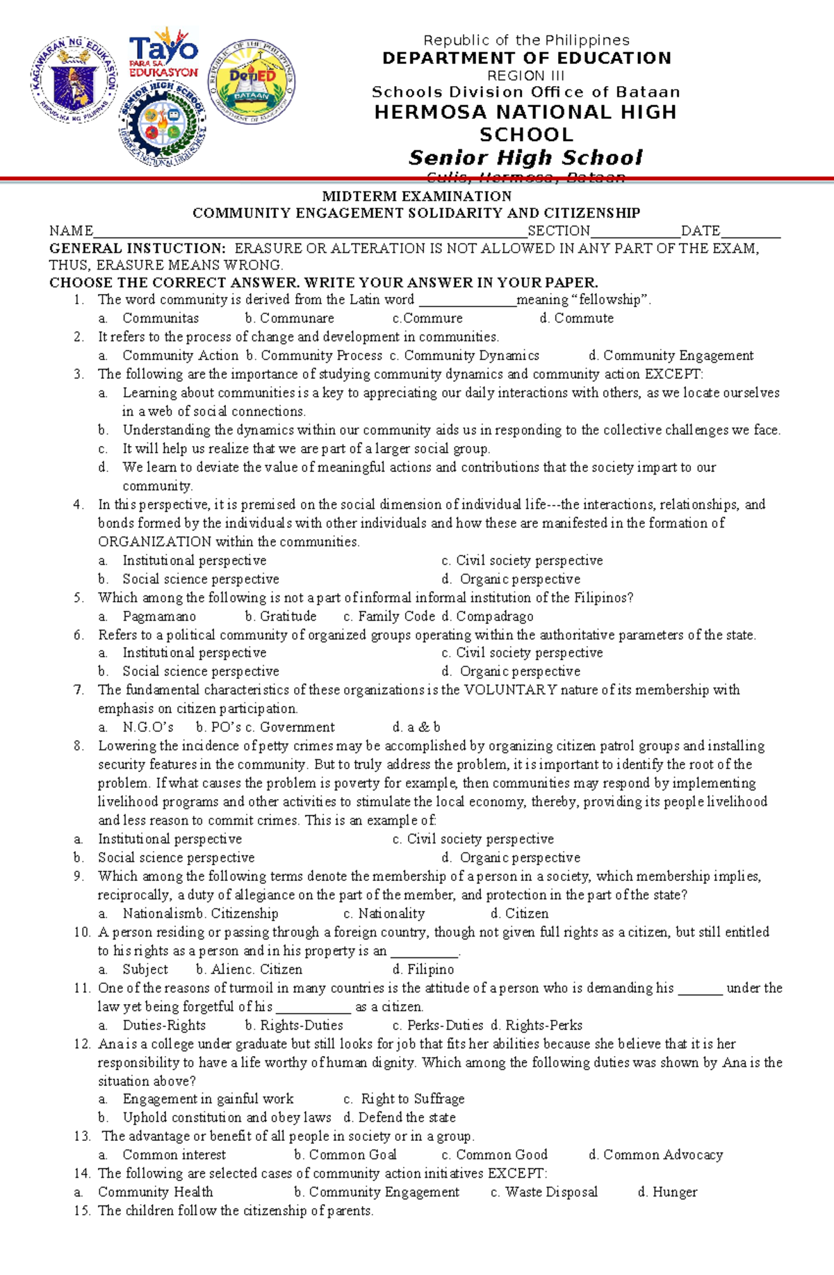 433215031 Midterm Examination Csc - MIDTERM EXAMINATION COMMUNITY ENGAGEMENT SOLIDARITY AND ...