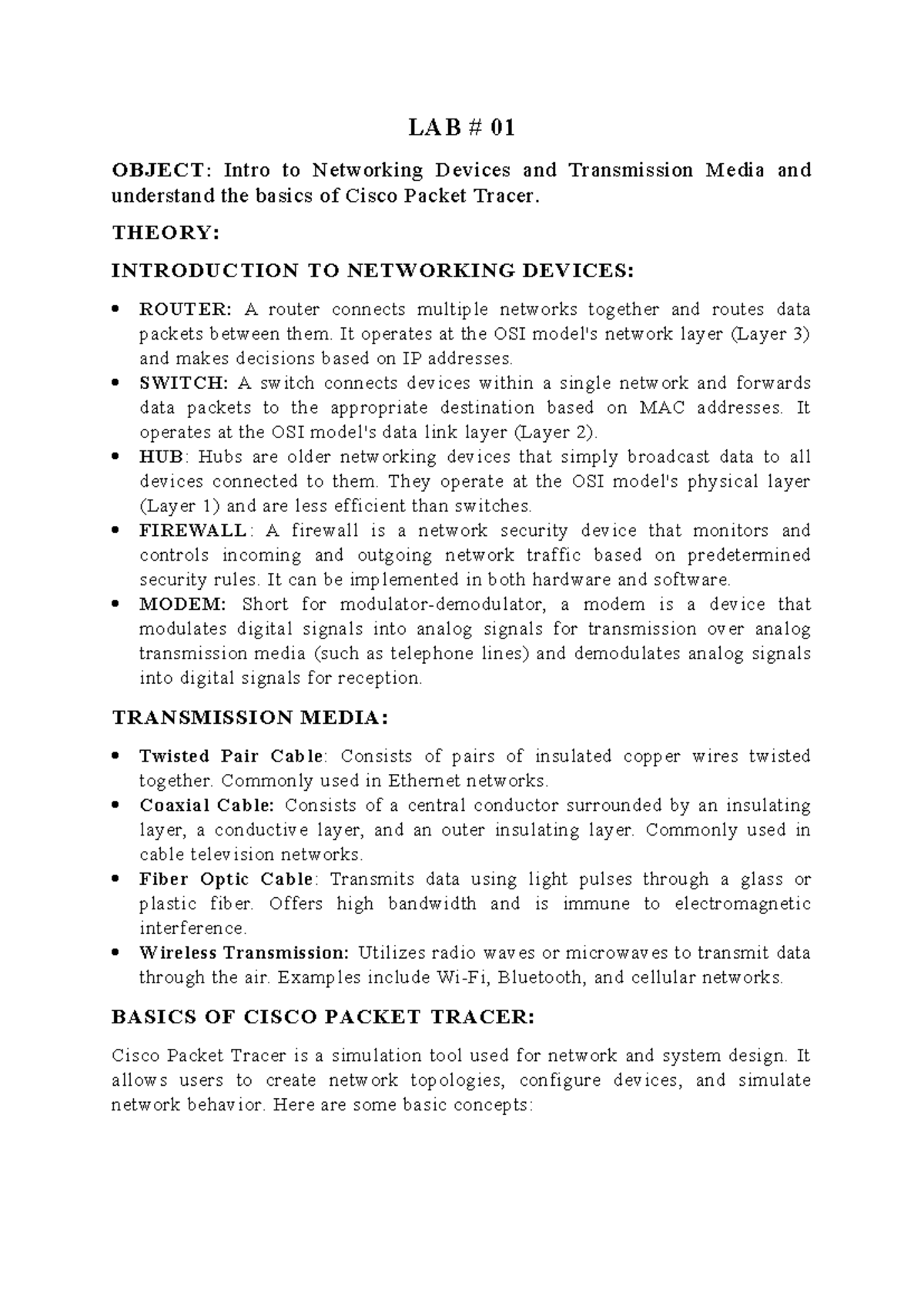 DCCN LAB - lab work - LAB # 01 OBJECT: Intro to Networking Devices and Transmission Media and ...