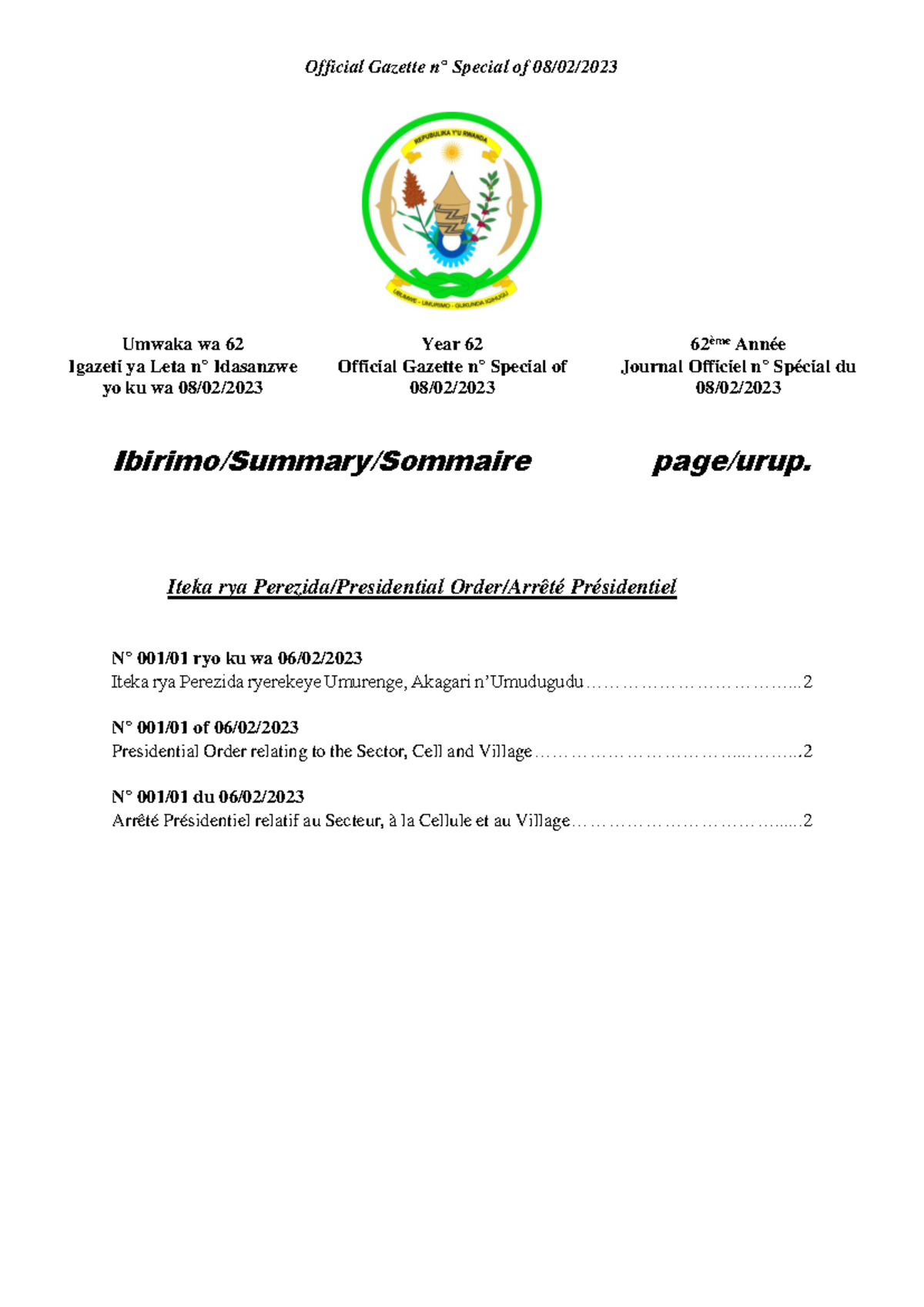 Iteka rya Perezida ryerekeye Umurenge, Akagari n’Umudugudu 2023 ...