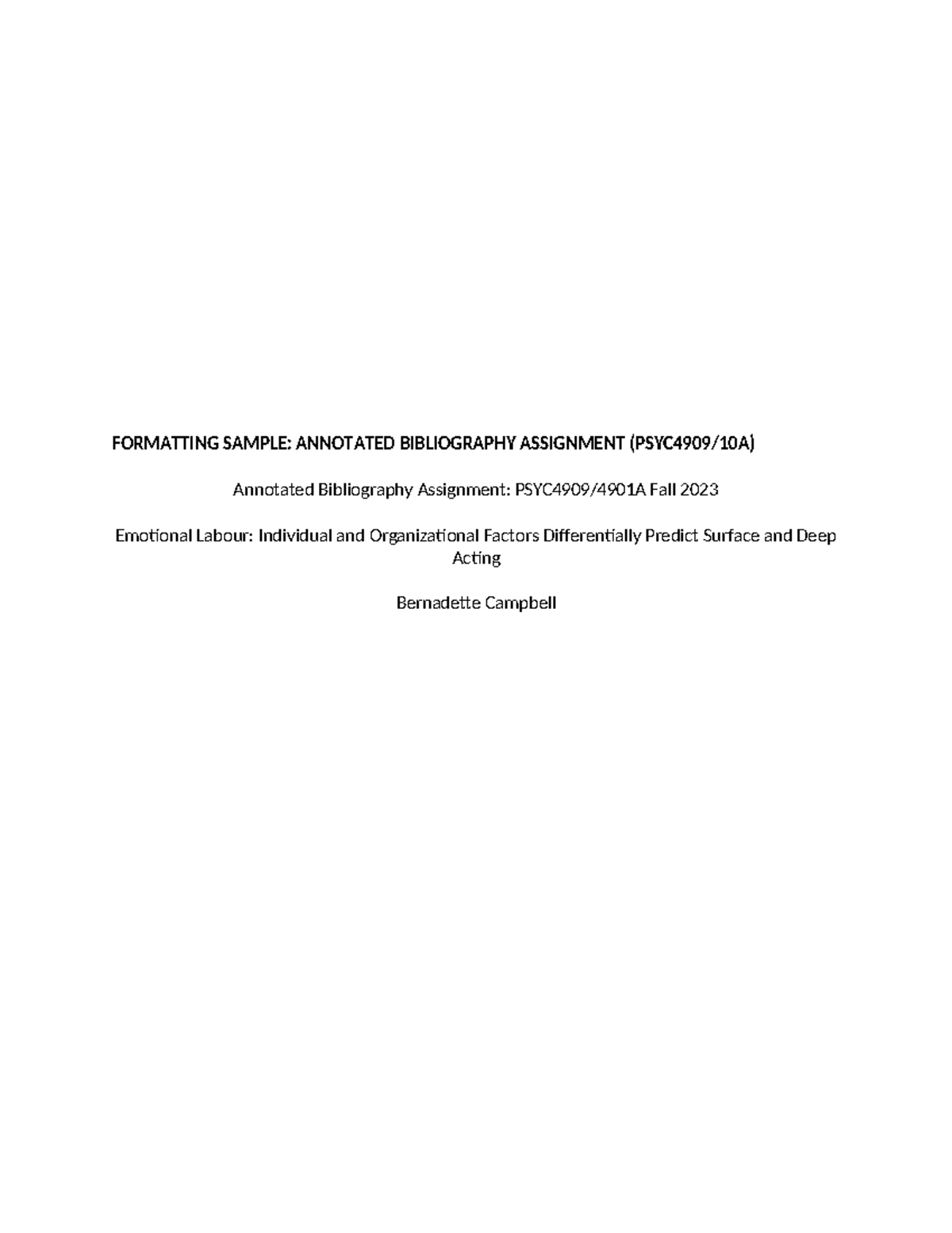 Annotated Bibliography Assignment- Template - FORMATTING SAMPLE ...