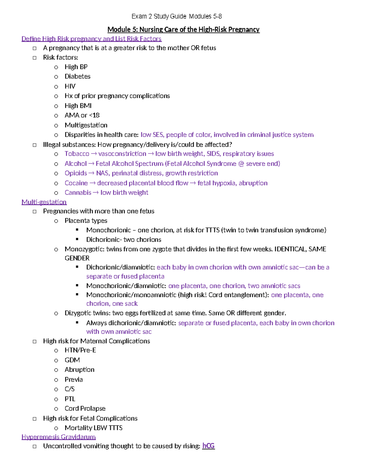 Exam 2 Study Guide - Module 5: Nursing Care of the High-Risk Pregnancy ...