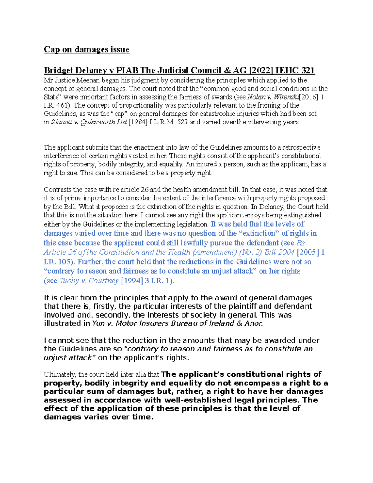Delaney v PIAB - Case - Cap on damages issue Bridget Delaney v PIAB The ...