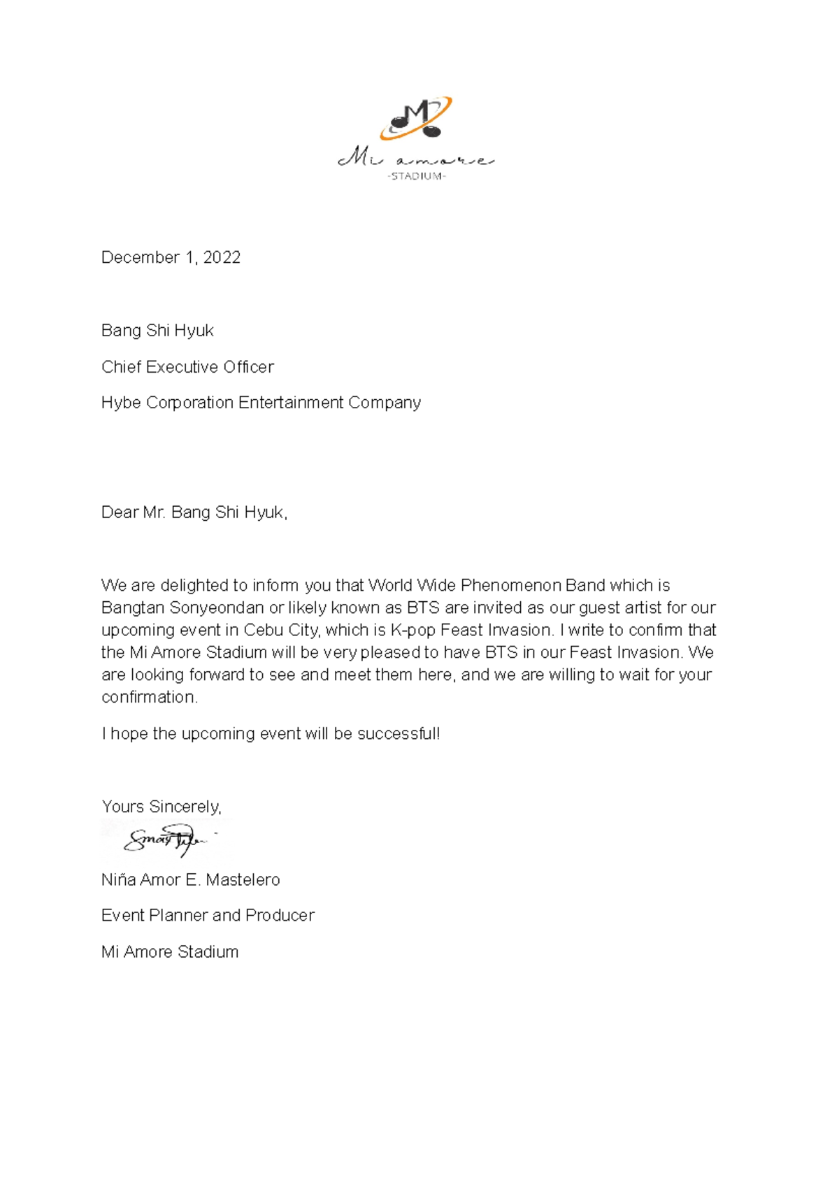 Business letter - its good - December 1, 2022 Bang Shi Hyuk Chief ...