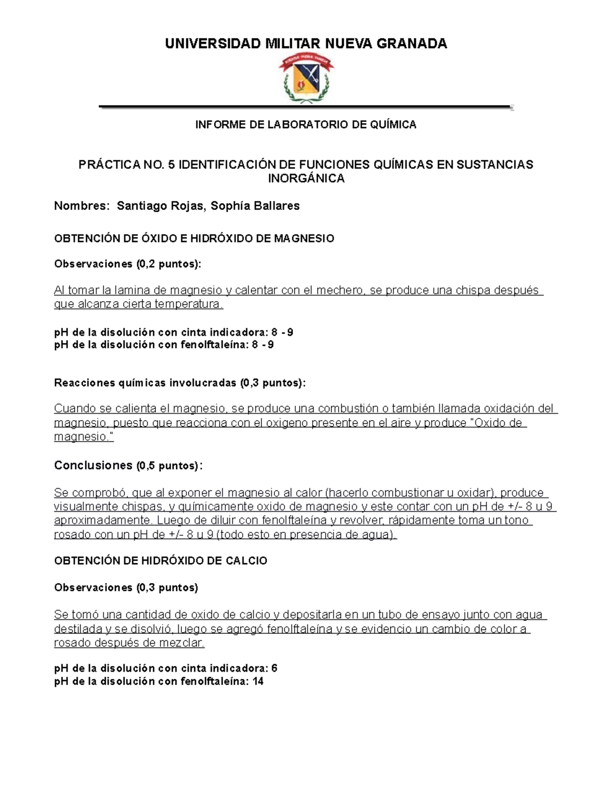 Informe 5, Identificación de Funciones Químicas en Sustancias Inorgánica - INFORME DE ...