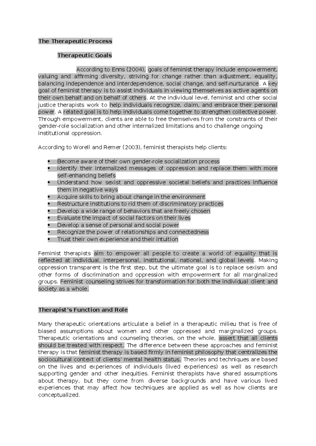 The Therapeutic Process of Feminist Therapy - The Therapeutic Process ...