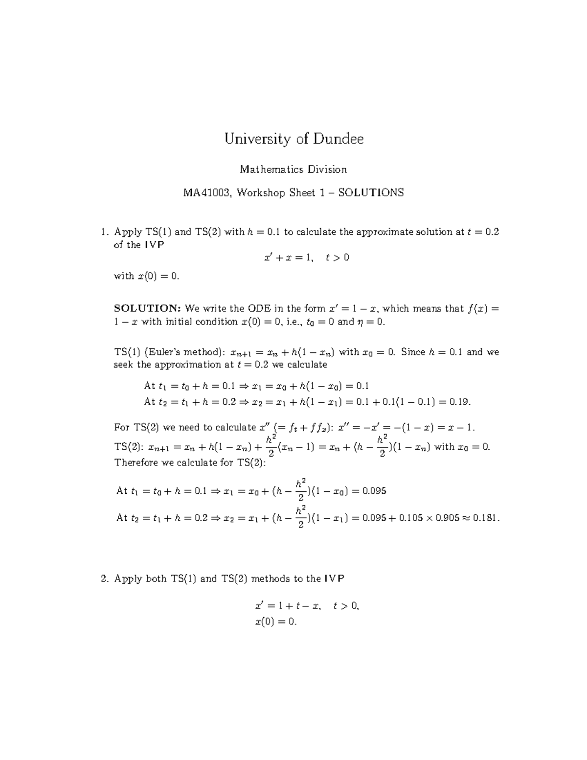 Tutorial 1 - Solutions - wk1 sol - University of Dundee Mathematics ...